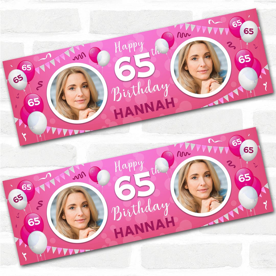 Personalised Party Banner for 65th Birthday With Photo Female Pink ...