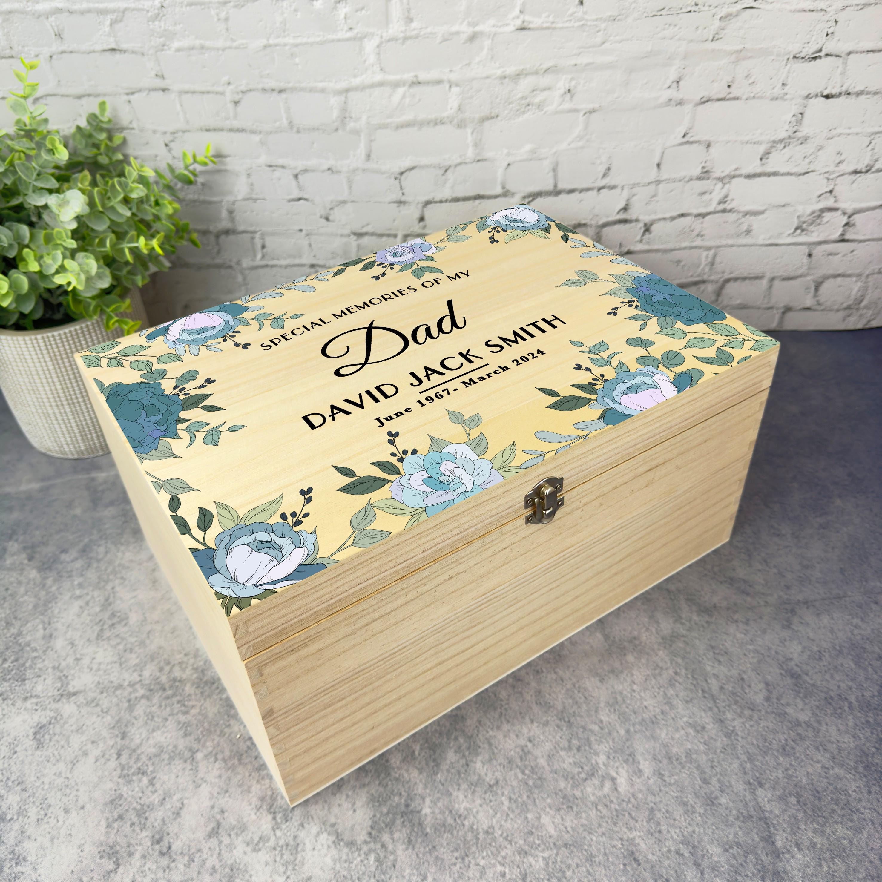 Memories of Dad Blue Floral Frame Memorial Personalised Wooden Keepsake ...
