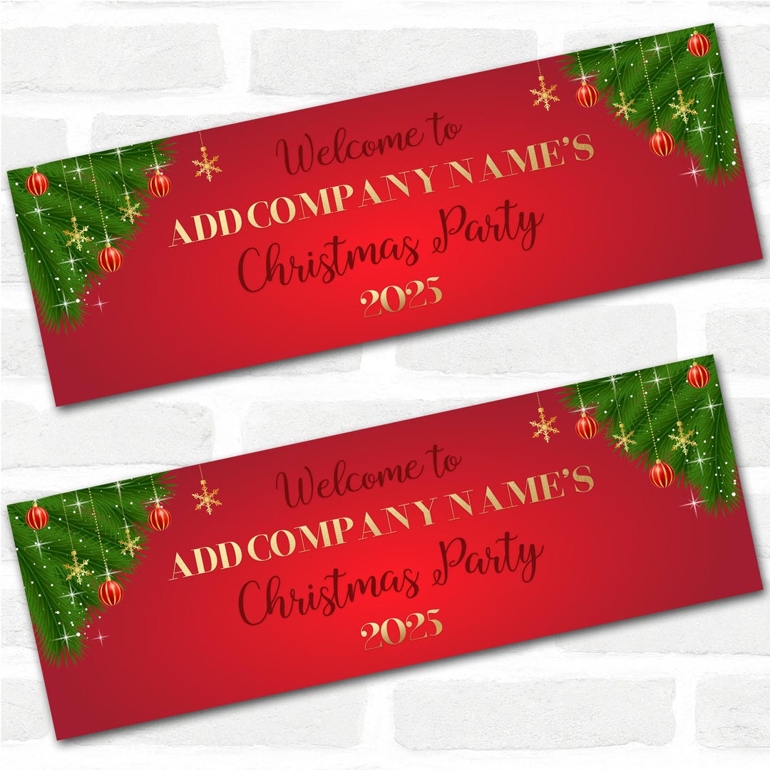 Personalised Party Banner for Christmas Party Red Gold Baubles | Party ...