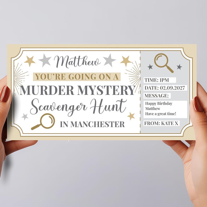 Murder Mystery Scavenger Hunt Personalised Gift Voucher Surprise Ticket ...