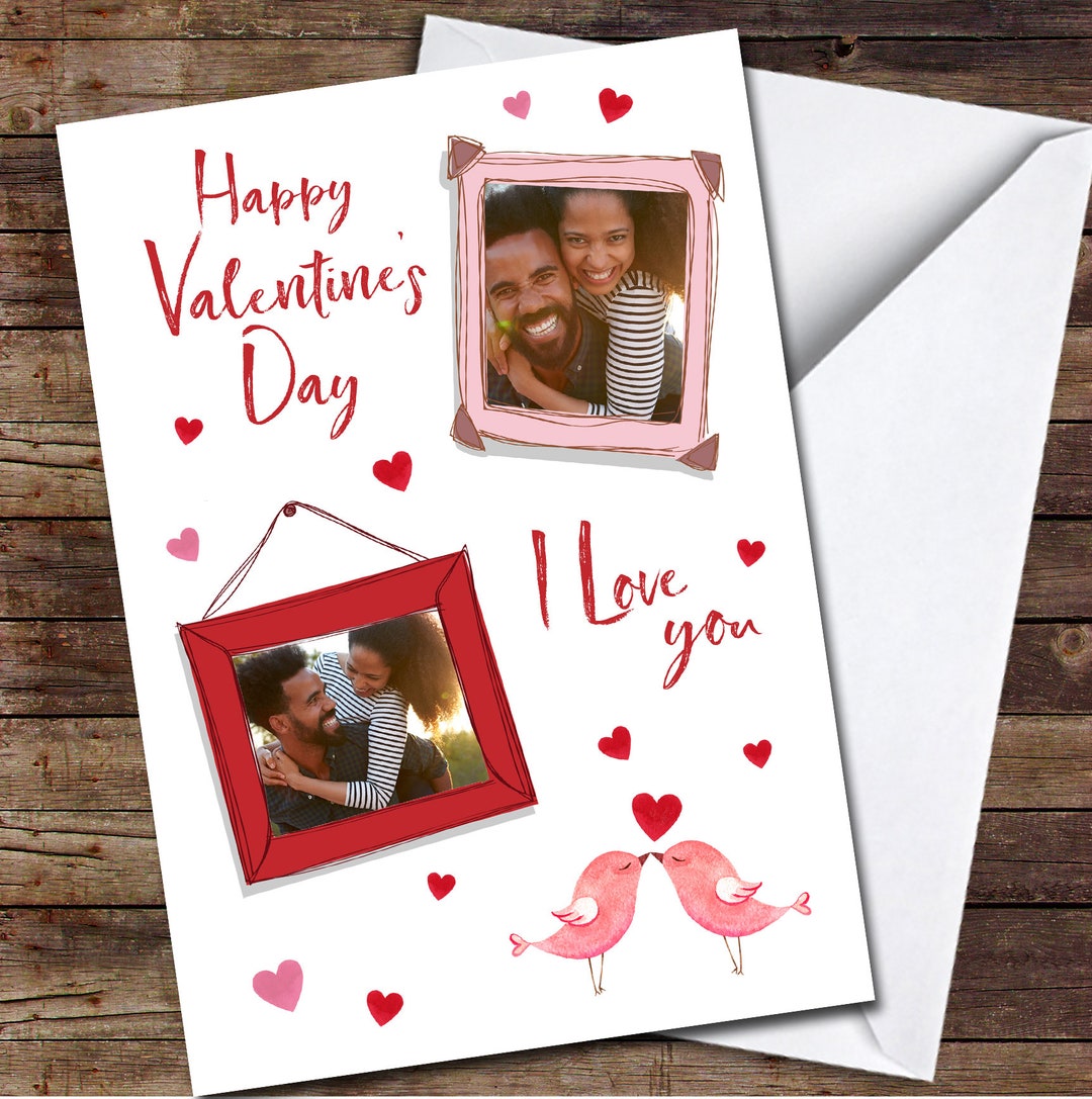 Your Photo Frame Hearts Bird Drawing Personalised Valentine's Day Card ...