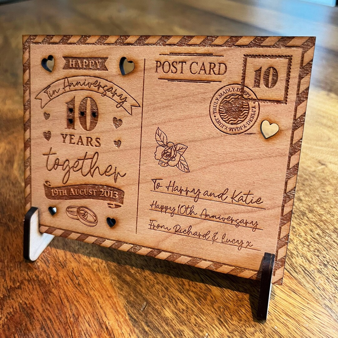 10th Wedding Anniversary 10 Years Tin Personalised Card Wooden Postcard ...
