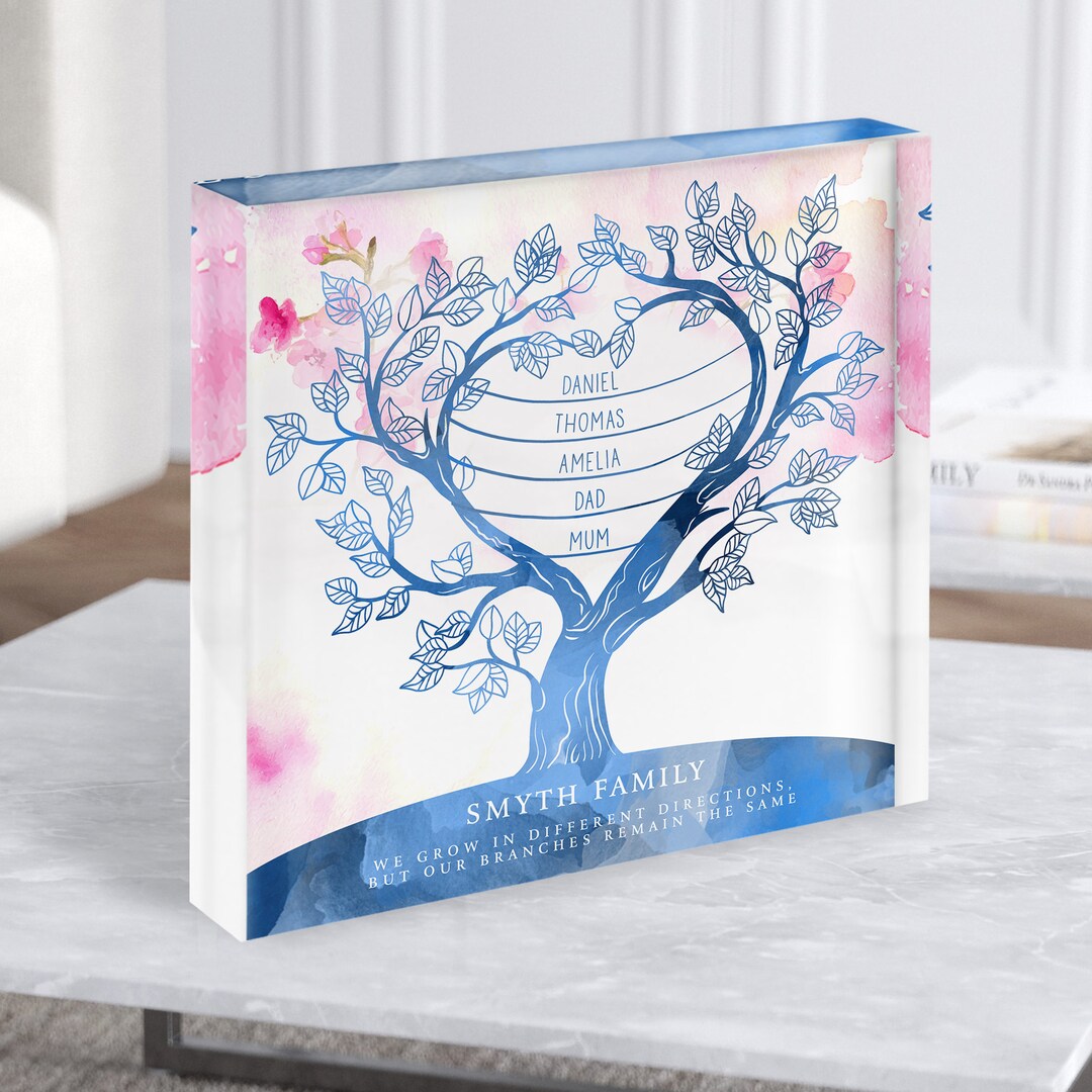 Family Tree Pink Blue Watercolour Blossom Square Personalised Gift ...