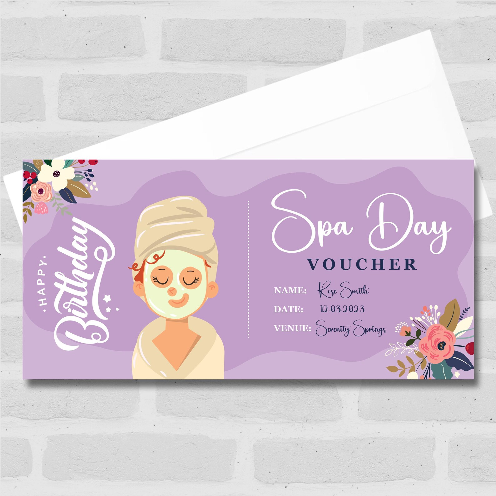 Purple Background Floral Spa Day Women Personalised Surprise Ticket ...