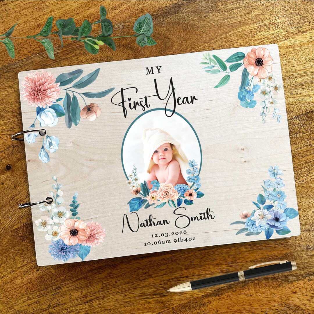 Watercolour Floral Blue First Year Photo Album Memories New Baby ...