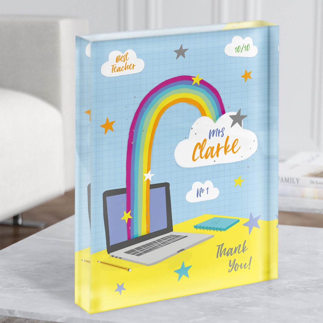 Thank You Teacher Bright Laptop Rainbow Personalised Gift Acrylic Block ...