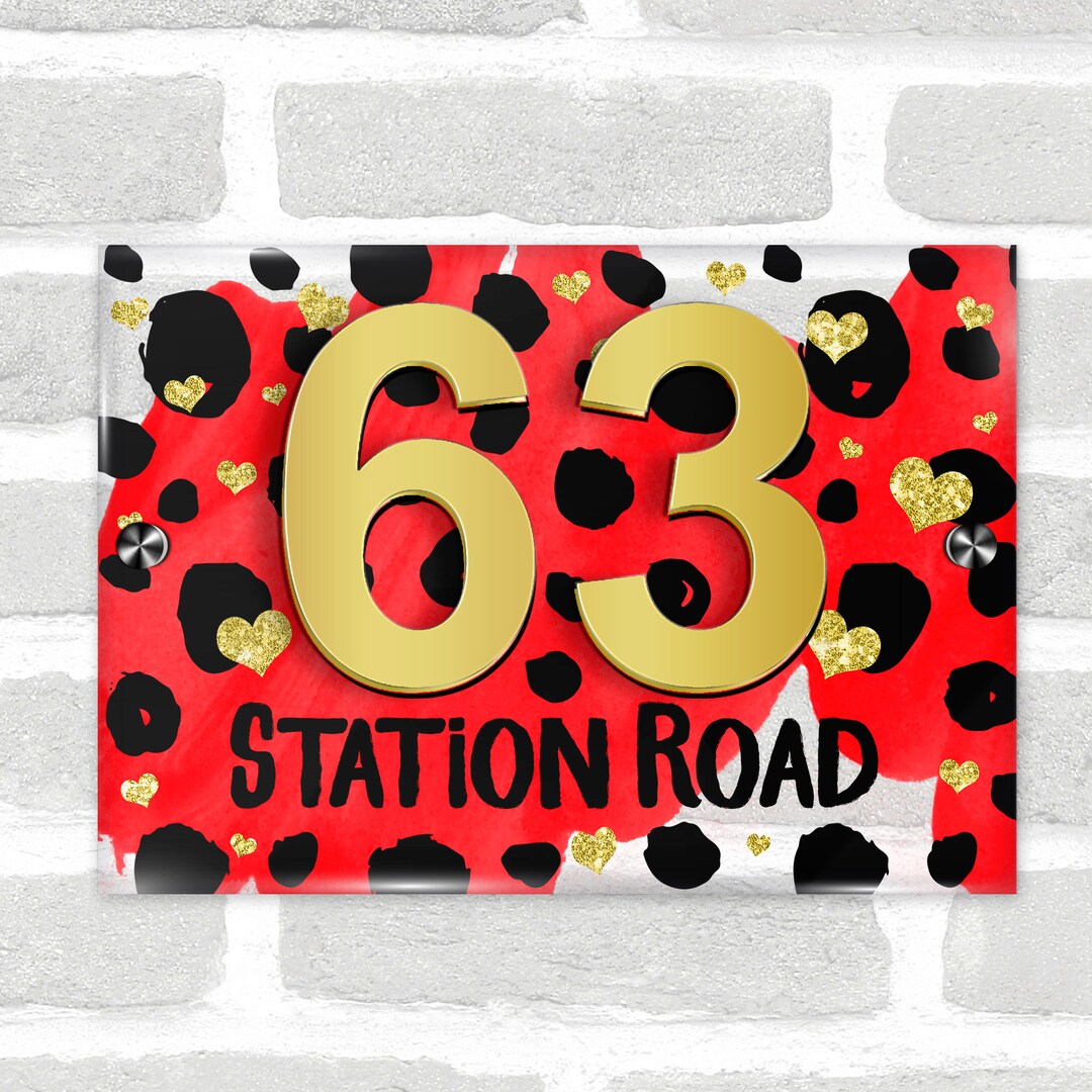Dalmatian Print Gold Heart Red 3D Modern Acrylic Door Number House Sign ...