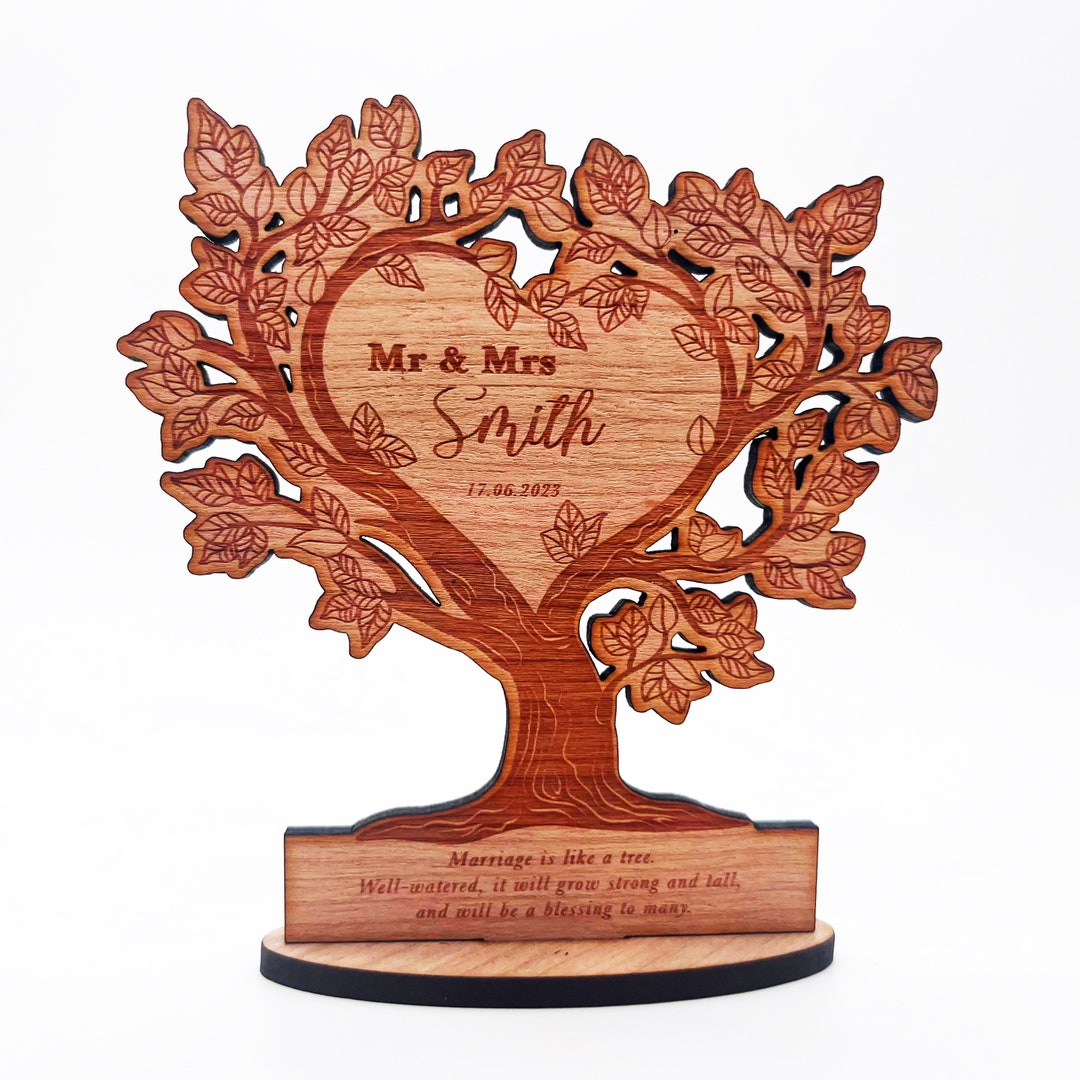 Wood Wedding Day Tree Heart Couple Congratulations Keepsake ...