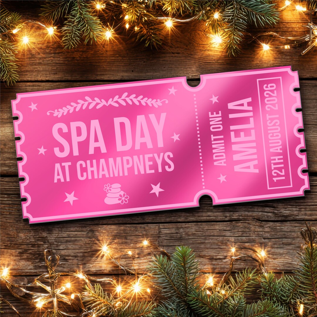 Pink Mirror Acrylic Ticket Spa Day Personalised Any Text Voucher ...