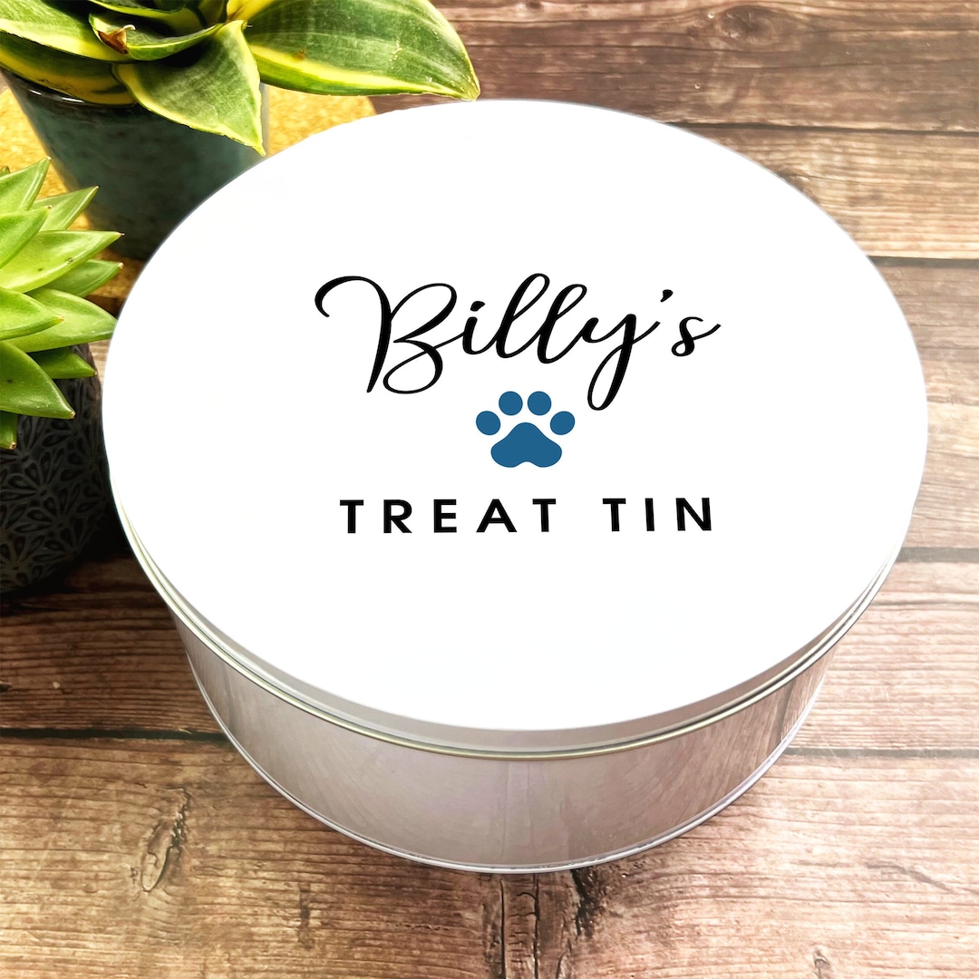 Round Cat Dog Biscuits Blue Paw Print Personalised Pet Treat Storage ...