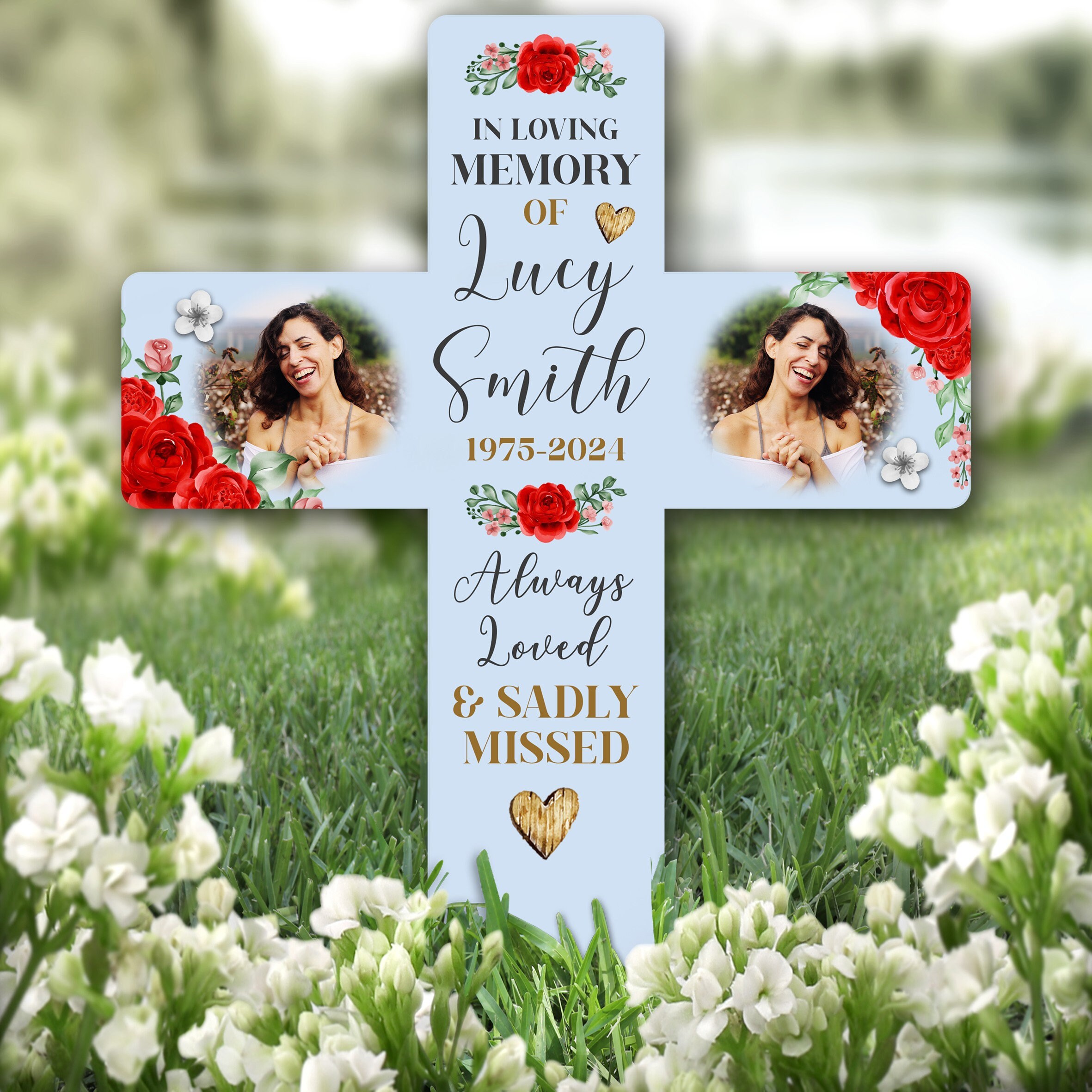 Cross in Loving Memory Red Roses Photo Blue Grave Garden Plaque ...