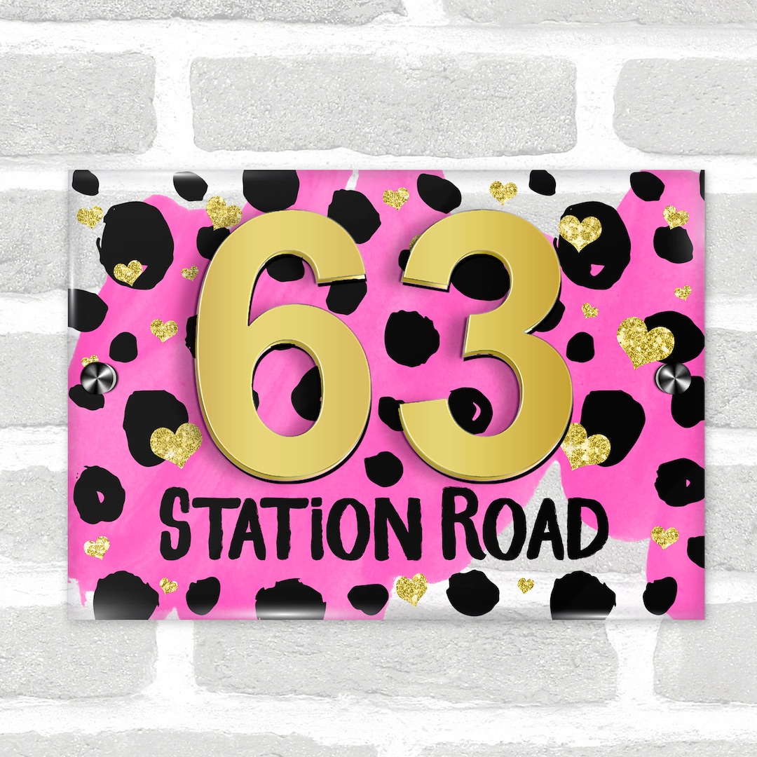 Dalmatian Print Gold Heart Hot Pink 3D Modern Acrylic Door Number House ...