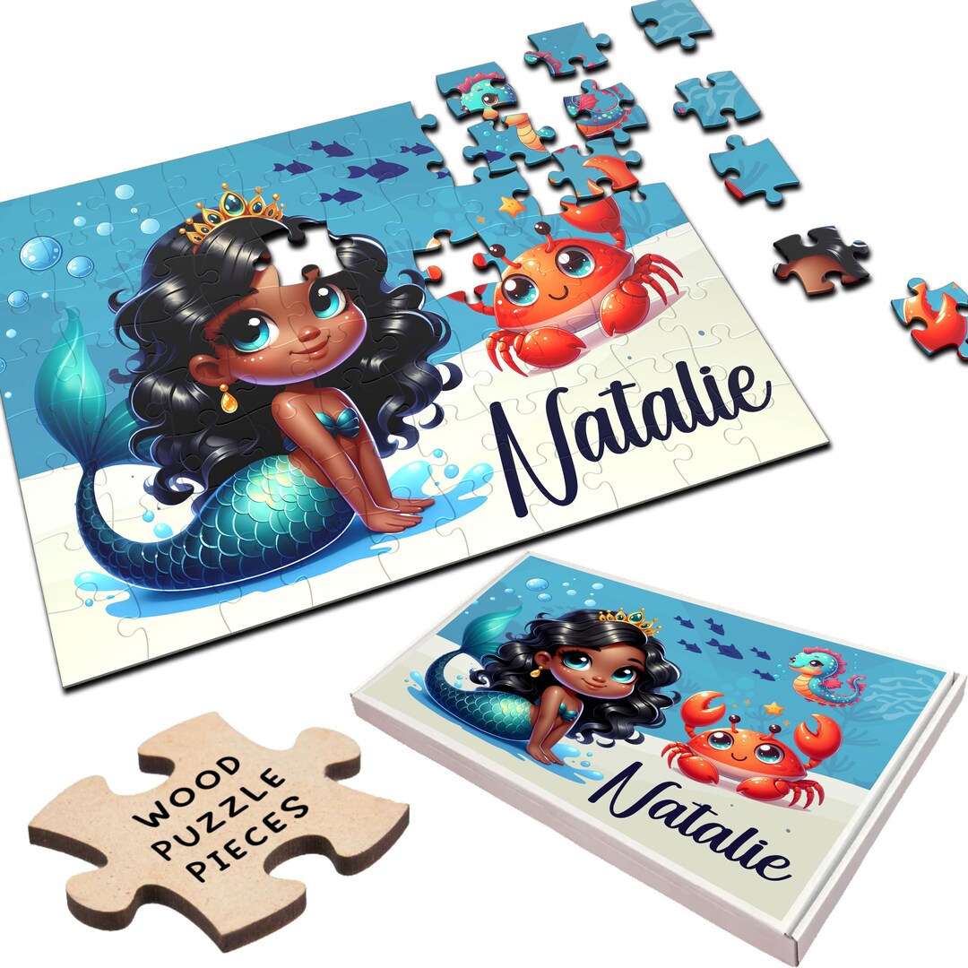 Dark Skin Mermaids Sealife Gift for Girls Personalised Wooden Jigsaw ...