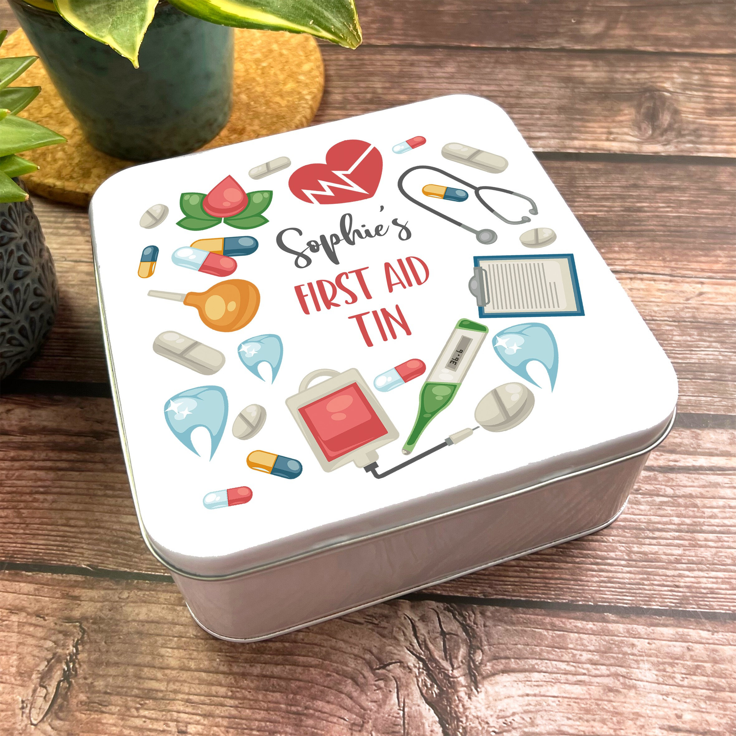 Square First Aid Pain Killers Icons Frame Personalised Medicine Tin ...