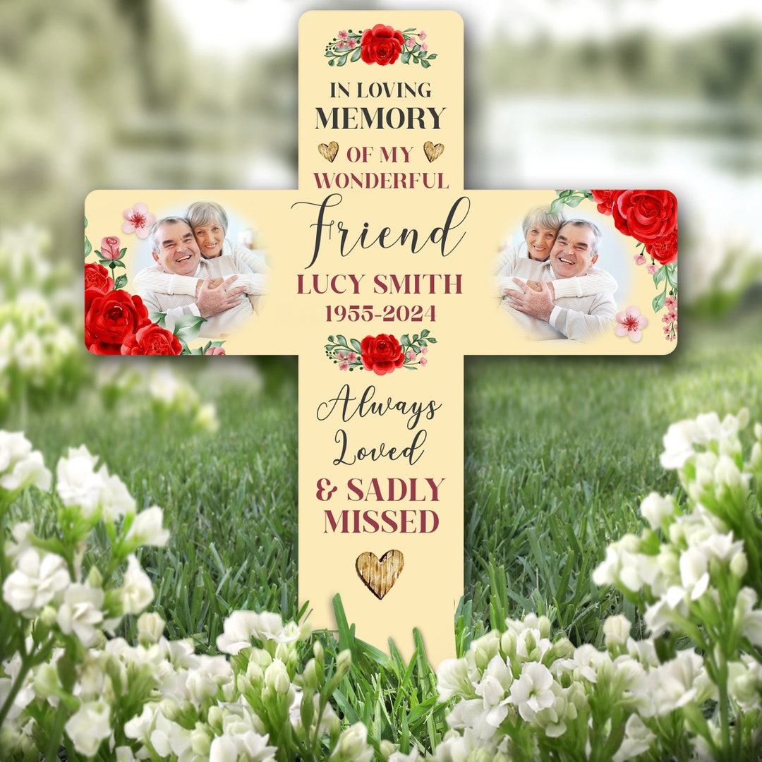 Cross Friend Red Roses Photo Yellow Remembrance Grave Plaque Memorial ...