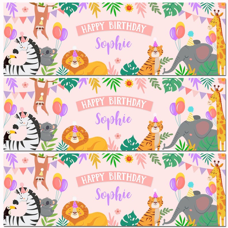 Personalised Party Banner for Birthday Girls Jungle Animals Kids ...