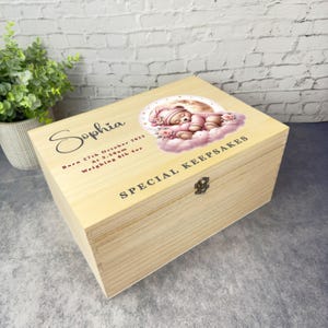 Pink Teddy Bear Sleeping on the Cloud New Baby Personalised Wooden Keepsake Box - Memory Storage ...