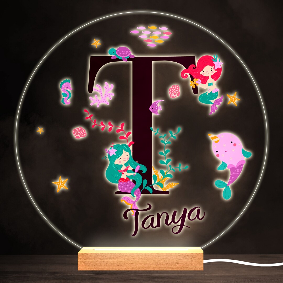 Sealife With Mermaids Alphabet Letter T Round Personalised Gift Lamp ...