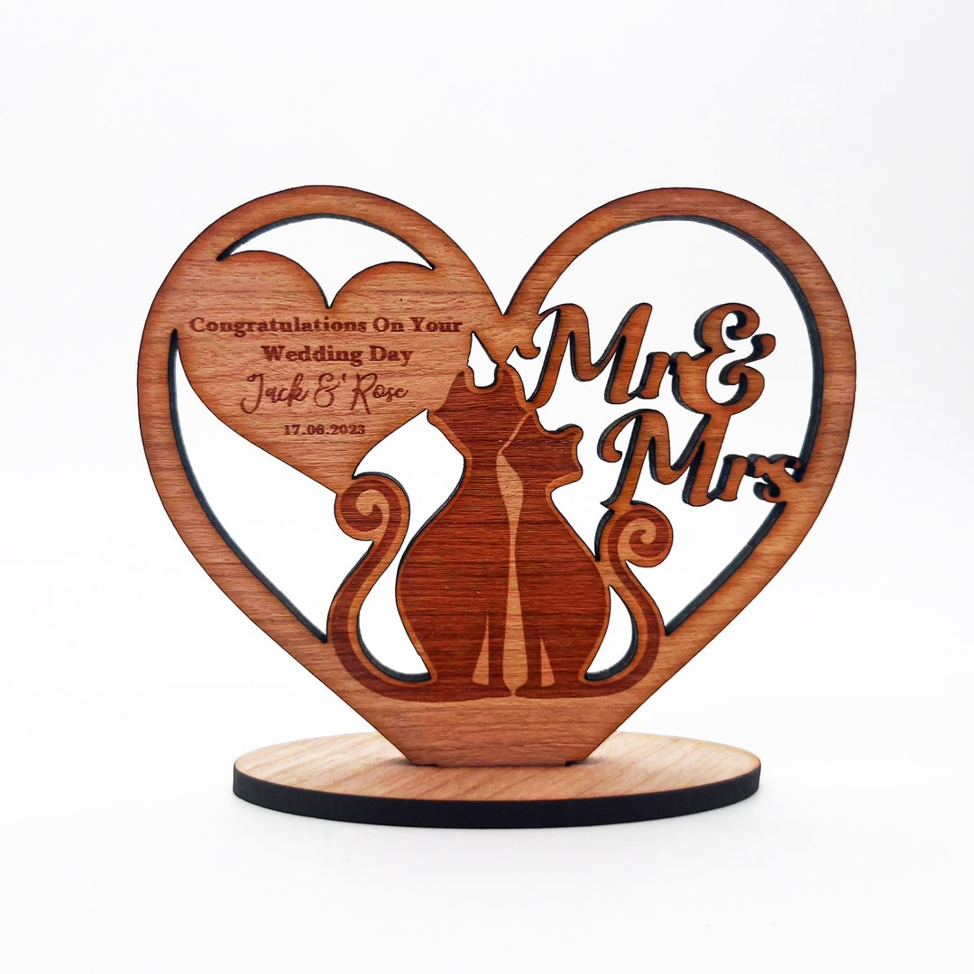 Engraved Wood Wedding Day Cats Congratulations Heart Keepsake ...