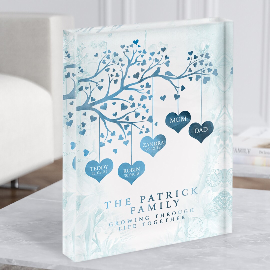 Family Tree Any Name Hearts Vintage Blue Watercolour Gift Acrylic Block ...