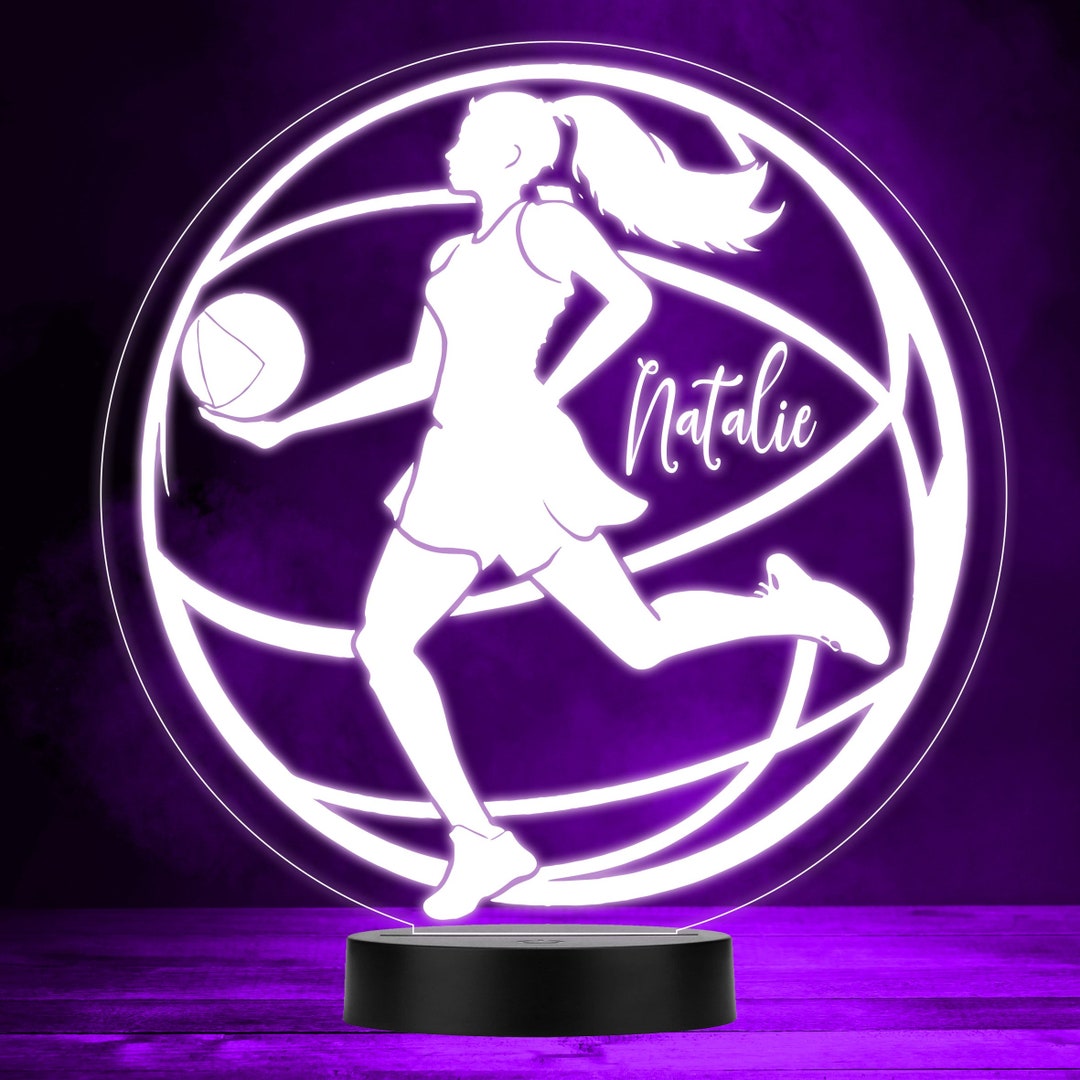 Girl Playing Netball Silhouette Ball Shape Sports Fan LED Colour Night ...