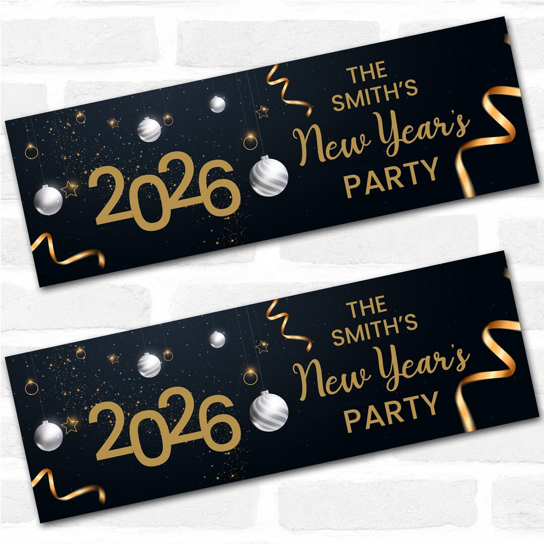 Personalised Party Banner for New Year Party Any Year Family Black Gold ...