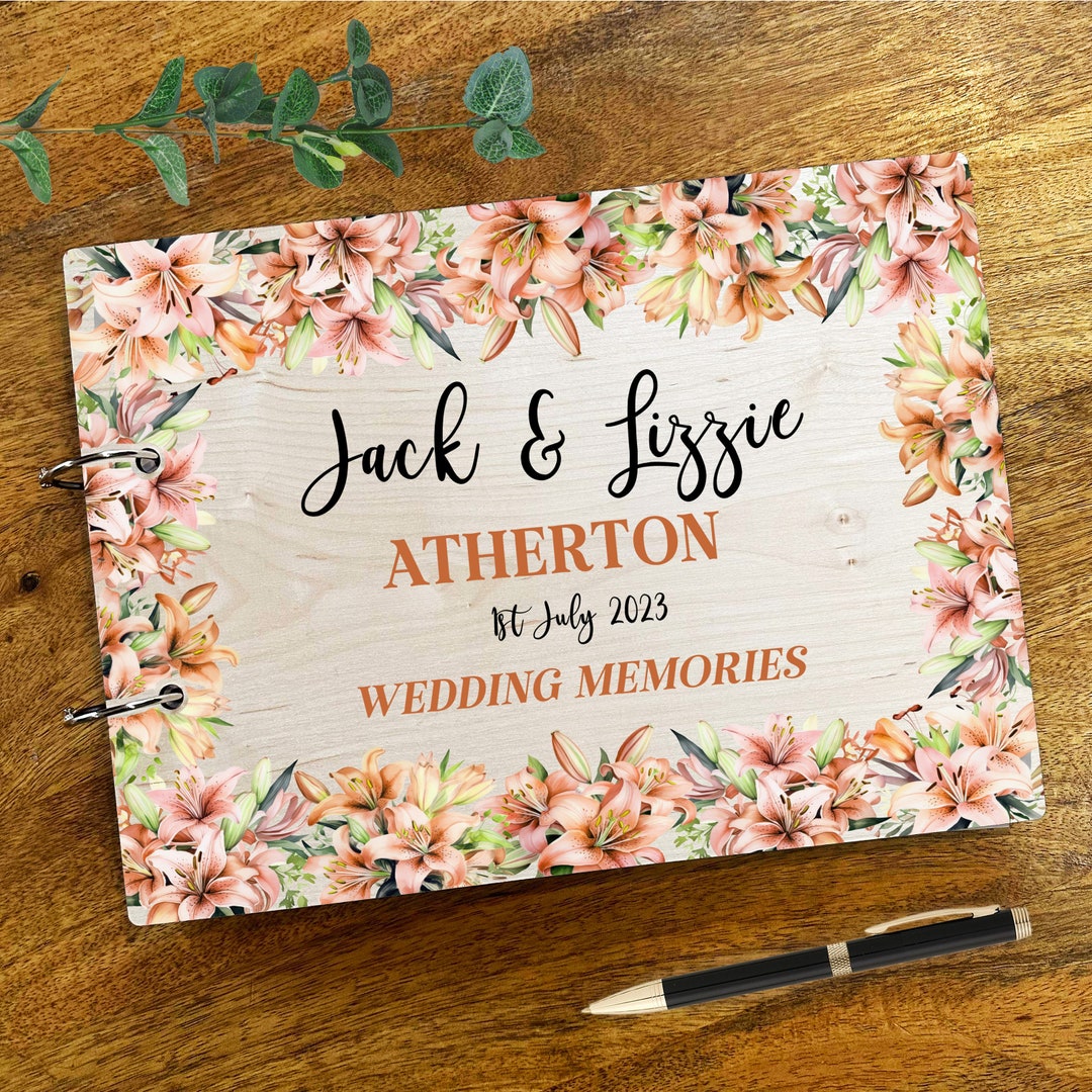 Wood Peach Coral Lily Flower Photo Album Wedding Day Memories Keepsake ...