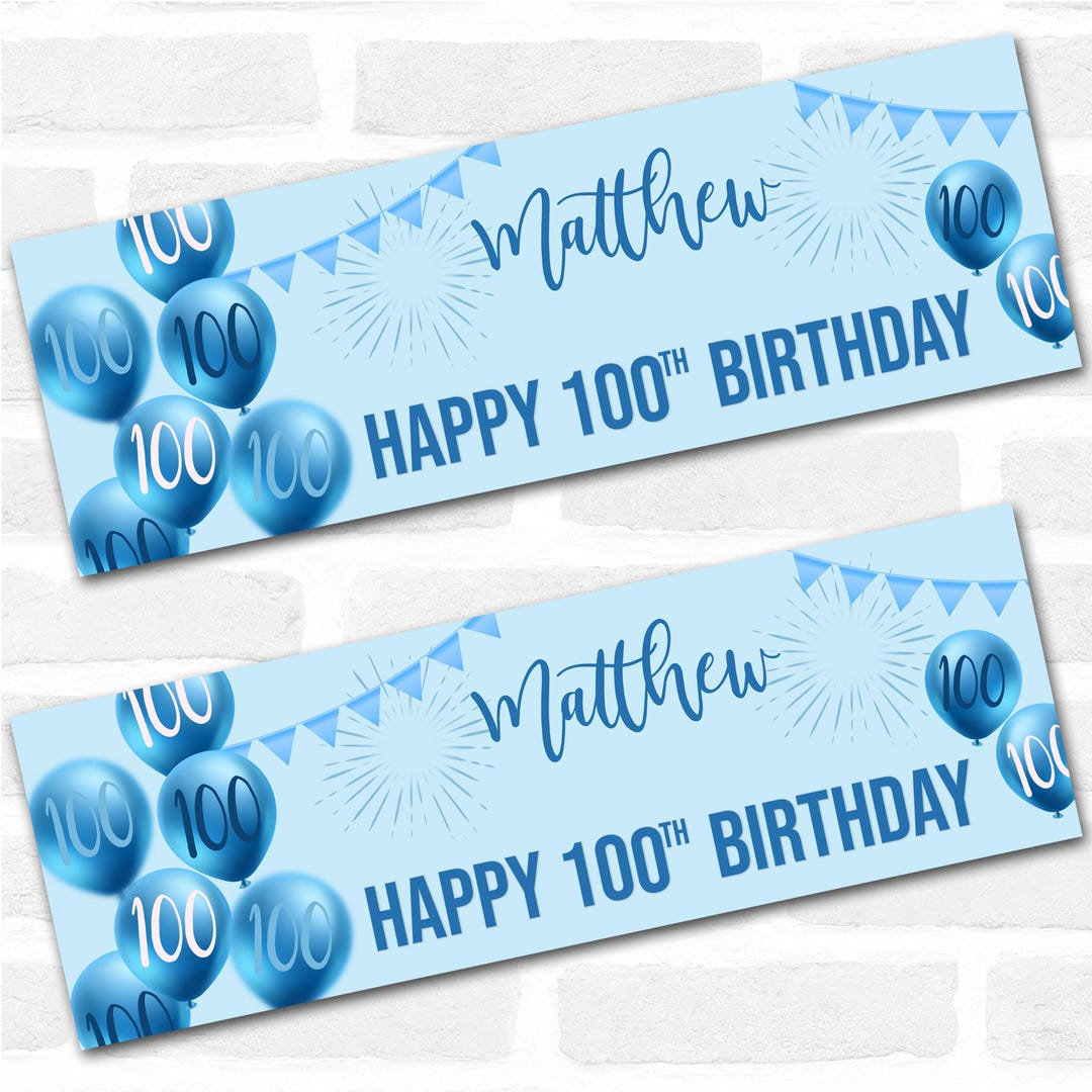 Personalised Party Banner for 100th Birthday Male Blue Balloon Star ...