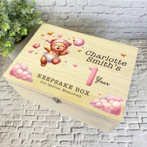 Happy Pink Teddy Bear First Year Memories Personalised Wooden Keepsake Box - Memory Storage Box ...