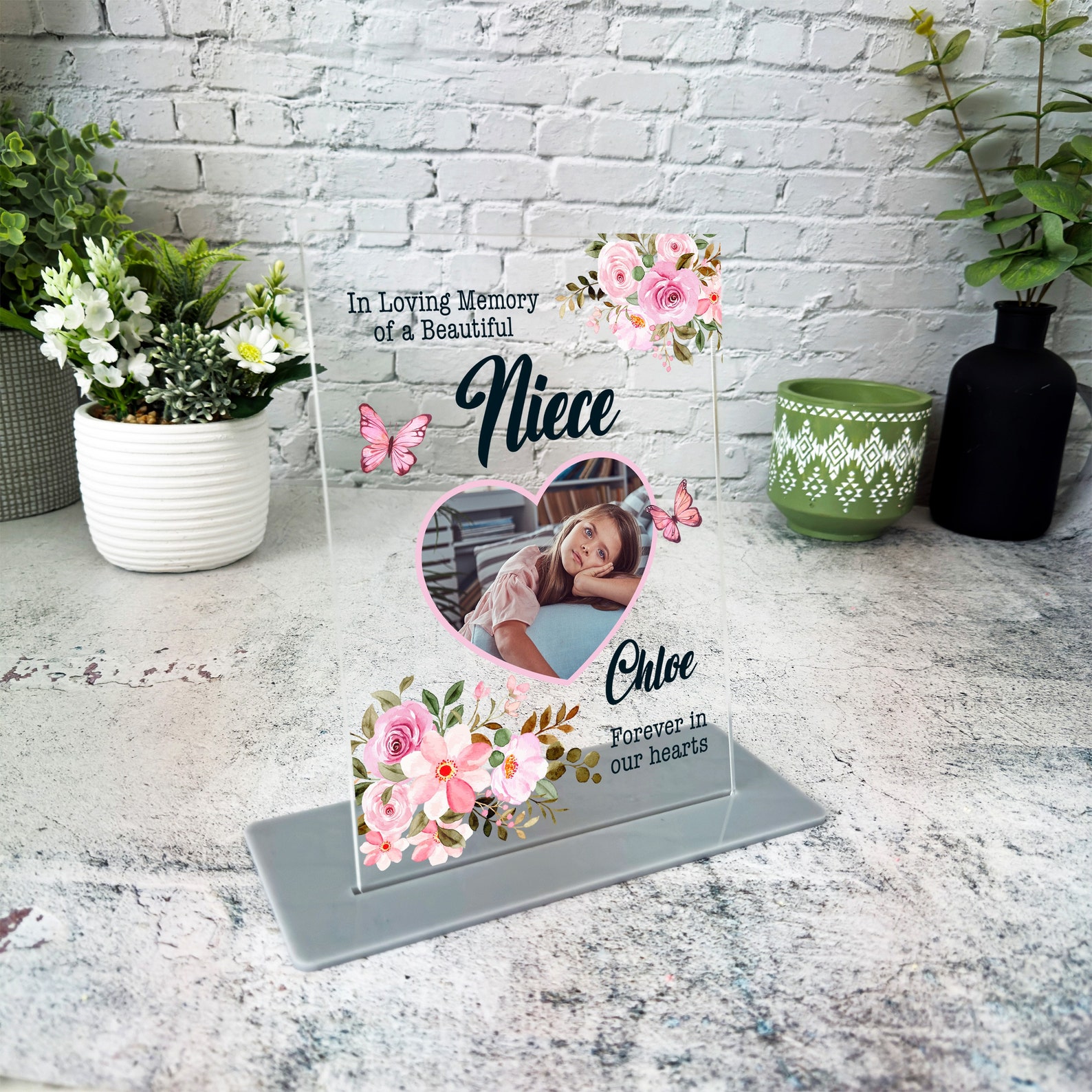 Niece Pink Floral Heart Photo Memorial Keepsake Gift Personalised Gift ...