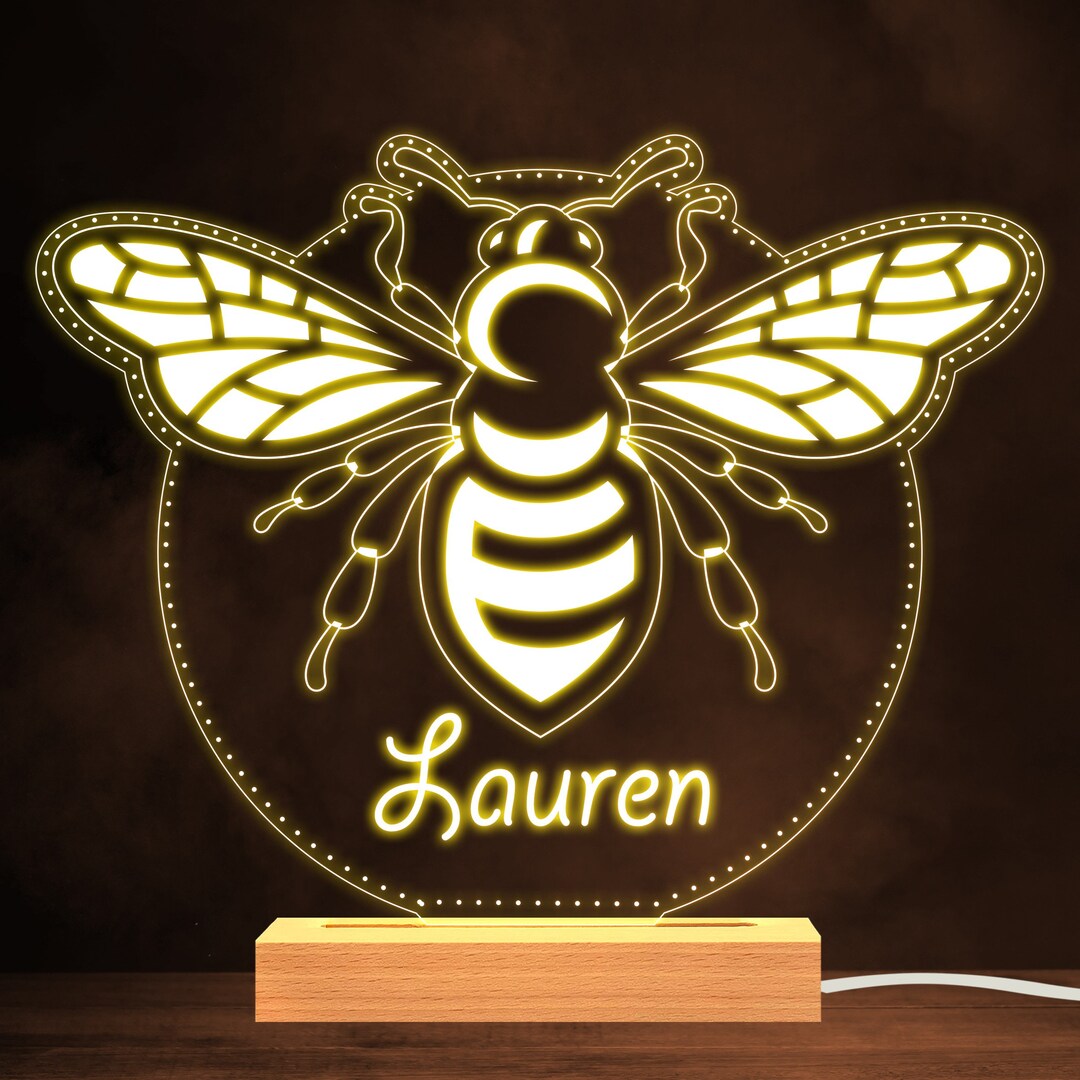 Bumble Bee Outline Round Warm White Lamp Personalised Gift Night Light ...
