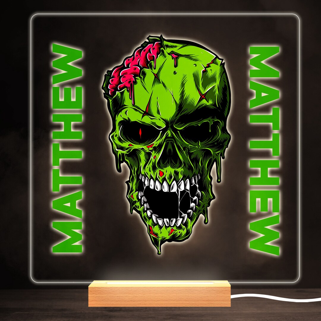 Zombie Head Green Skull Colourful Square Personalised Gift LED Lamp ...