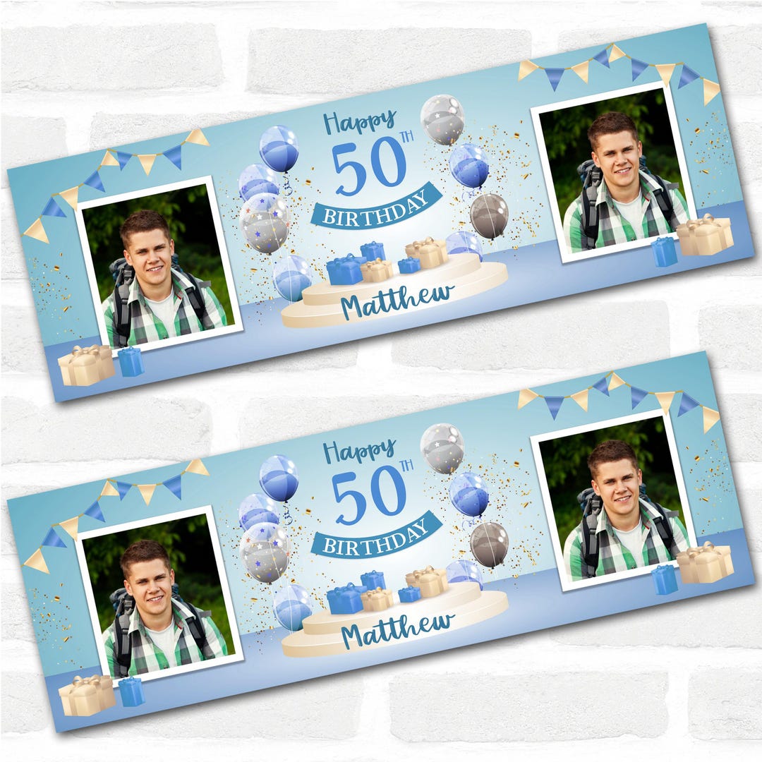 Personalised Party Banner for 50th Birthday With Photo Male Blue ...