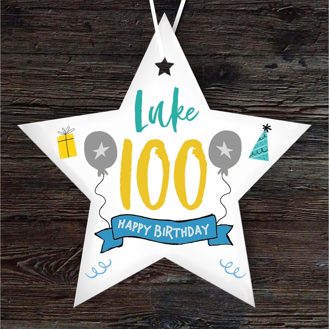 100th Birthday Star Blue & Grey Star Personalised Gift Keepsake Hanging ...