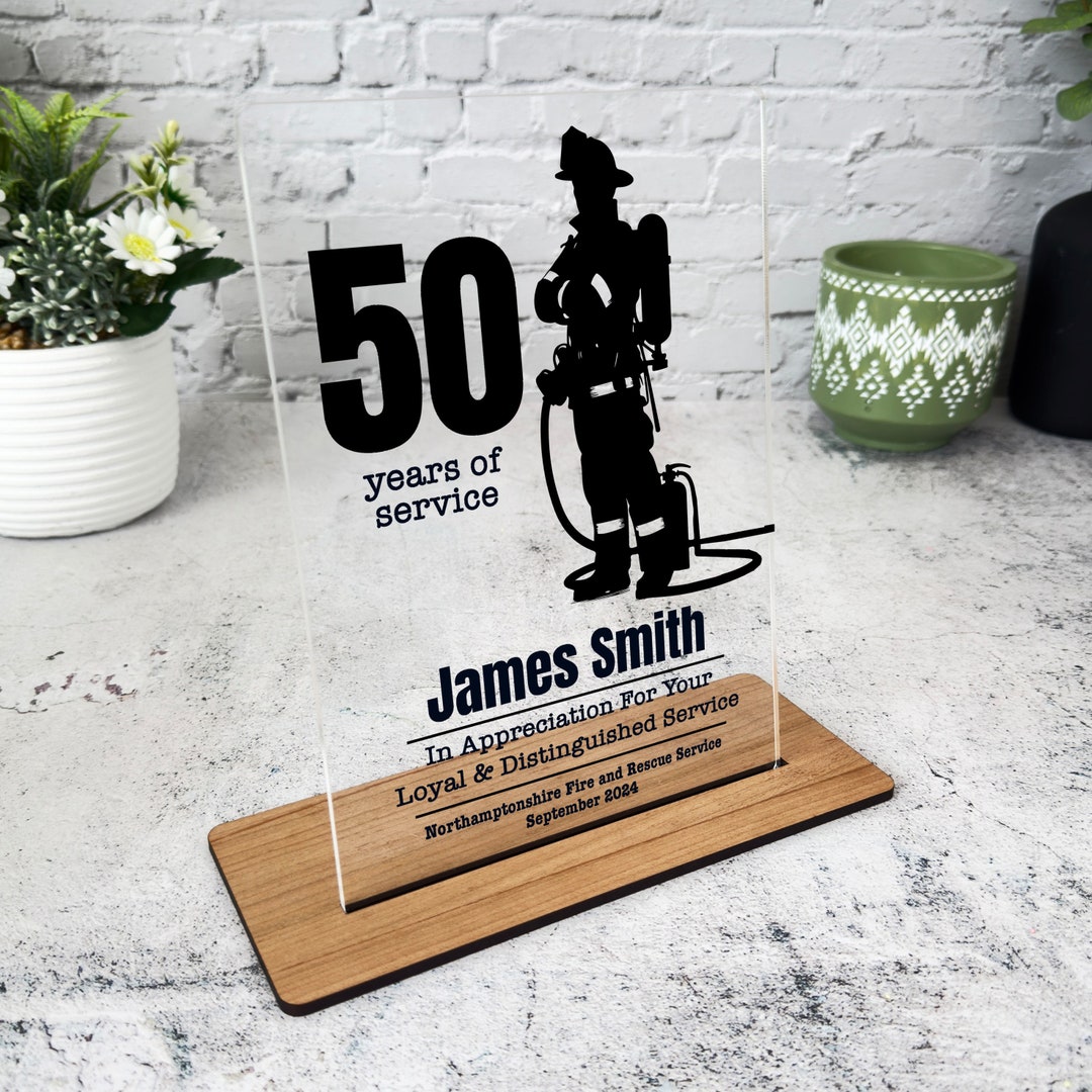 50 Years Service 50th Anniversary Firefighter Silhouette Gift Employee Plaque - Acrylic Plaque ...