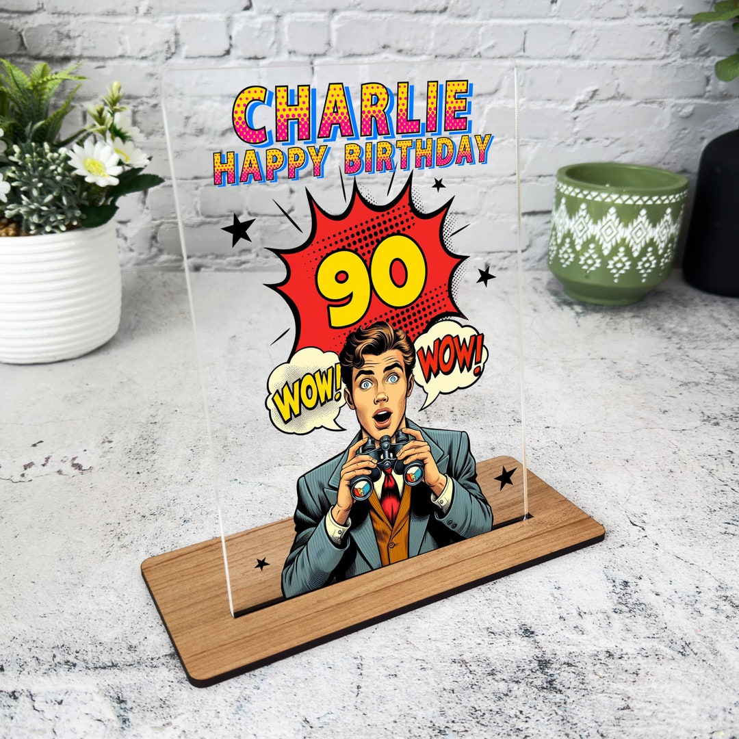 90th Birthday Gift Comic Style Man Custom Personalised Gift Acrylic ...