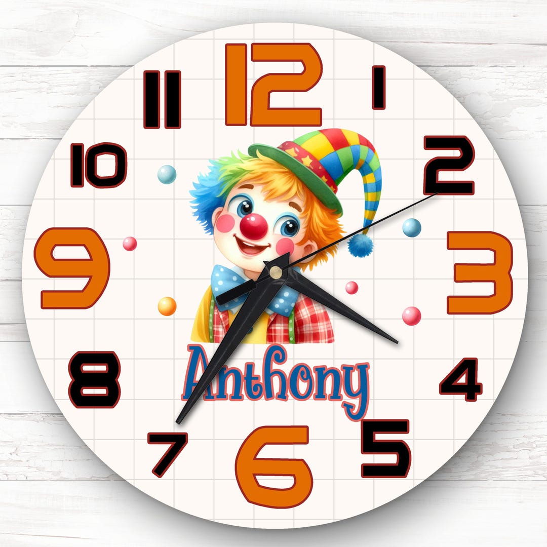 Boy's Circus Clown Personalised Gift for Kid's Bedroom Clock | Kids ...