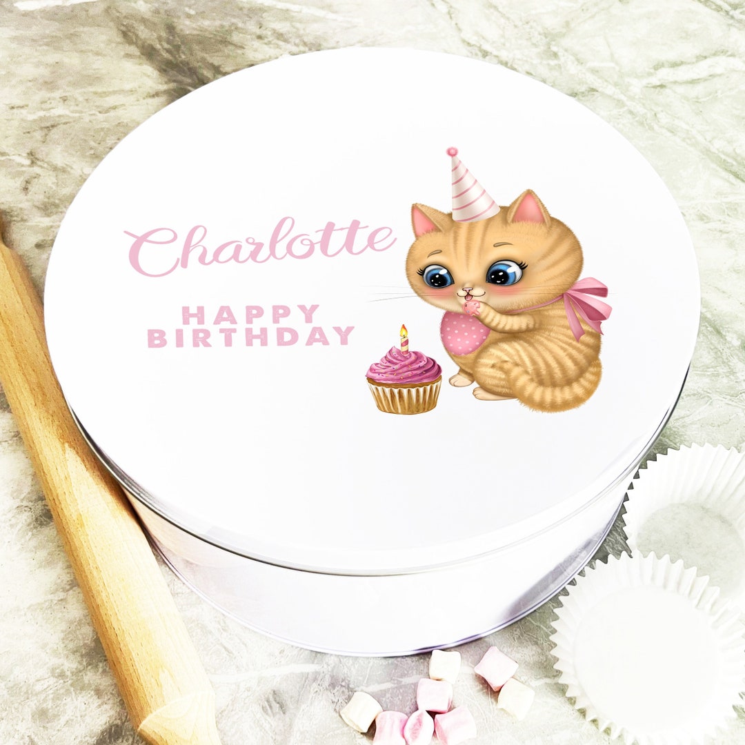 Round Watercolour Pink Cupcake Cat Birthday Personalised Cake Tin - Etsy