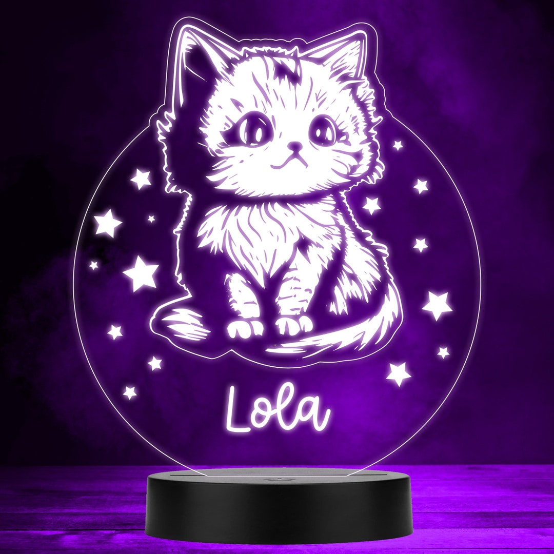Cute Kitten & Stars Colour Changing Personalised Gift LED Lamp Night ...