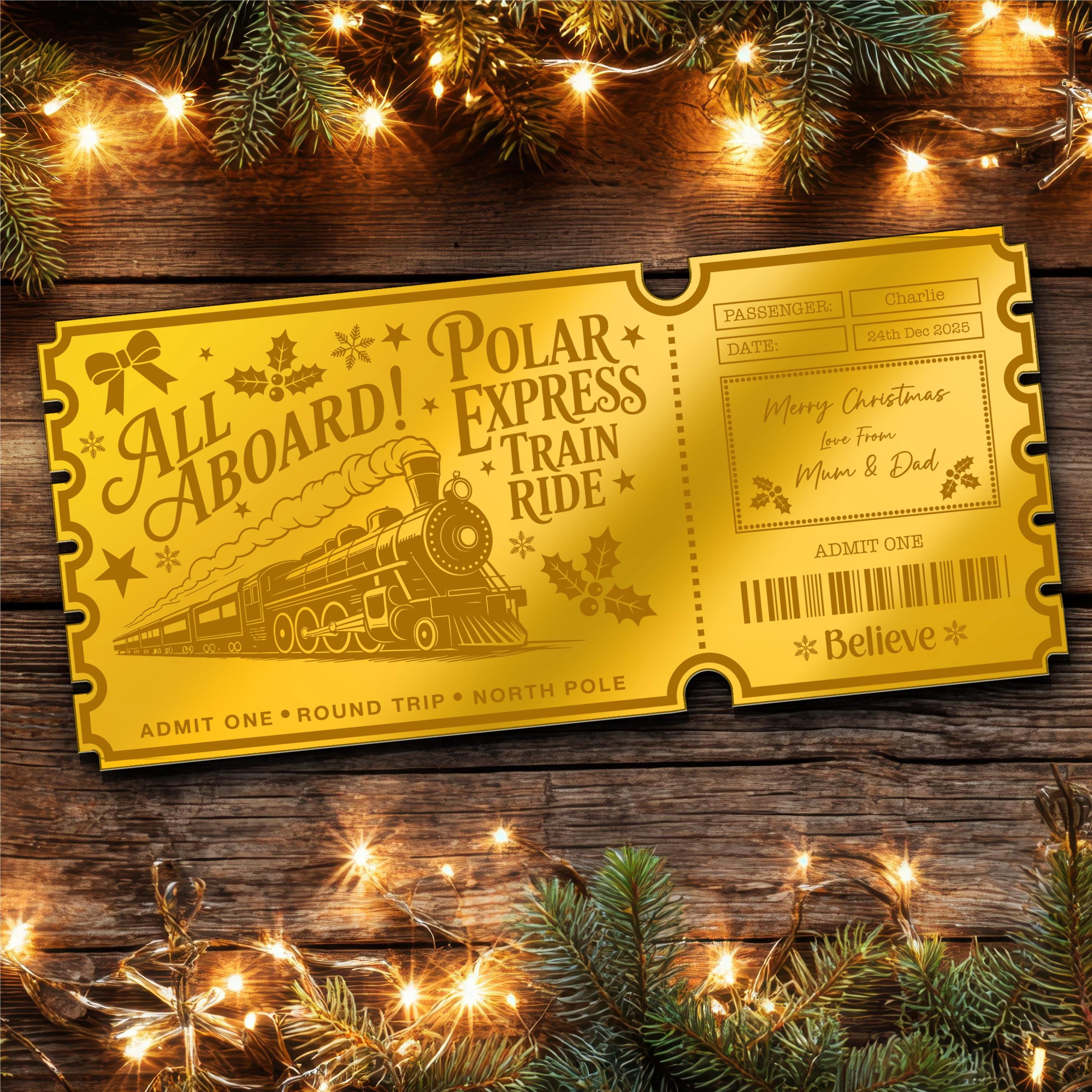 Gold Mirror Acrylic Golden Ticket Polar Express Train Christmas ...