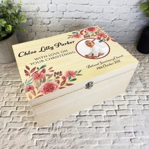 Watercolour Red Floral Round Photo Christening Personalised Wooden Keepsake Box - Memory Storage ...