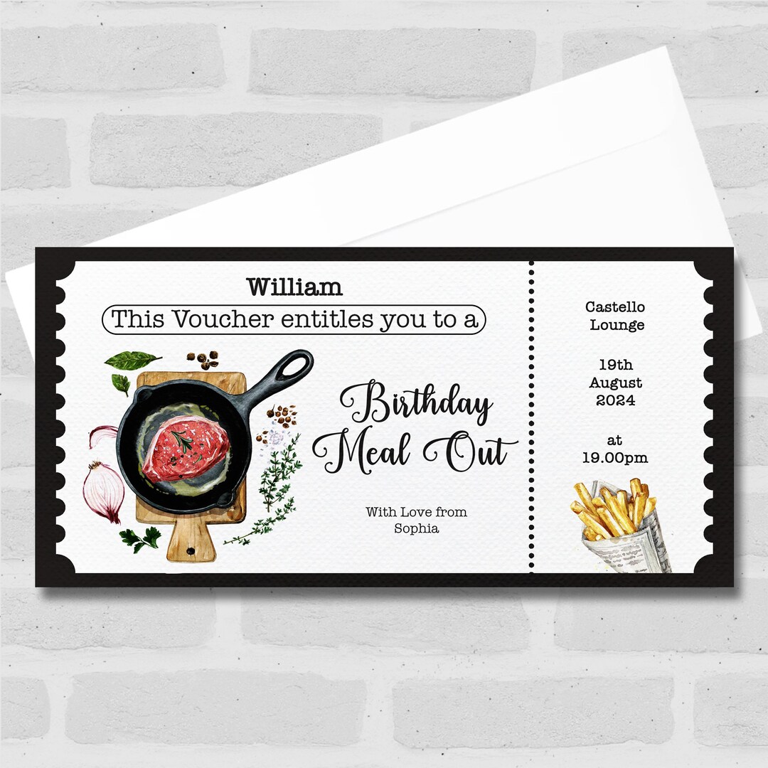 Watercolour Steak Birthday Meal Out Personalised Surprise Ticket Gift ...