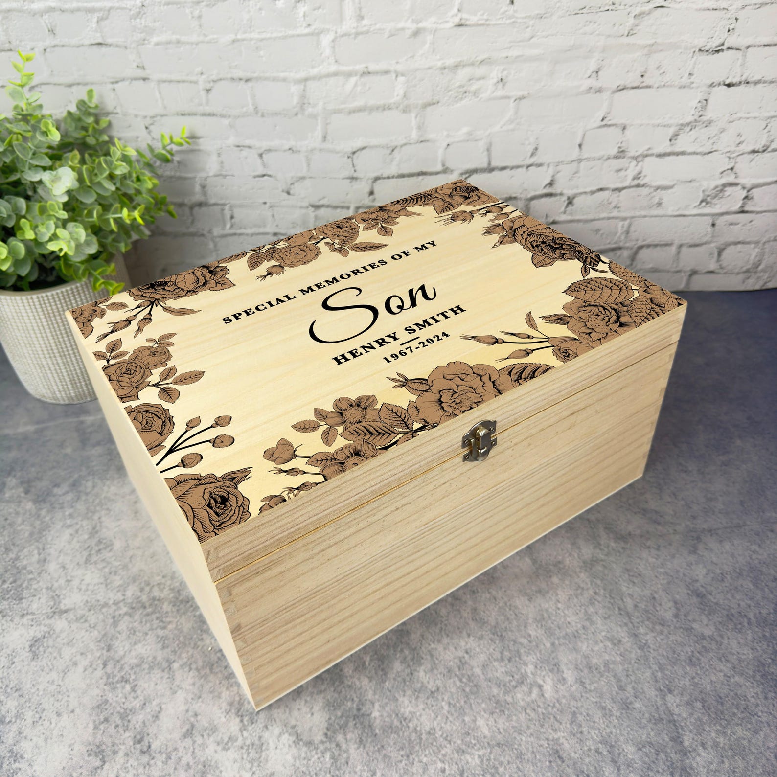 Memories of My Son Brown Floral Frame Memorial Personalised Wooden ...