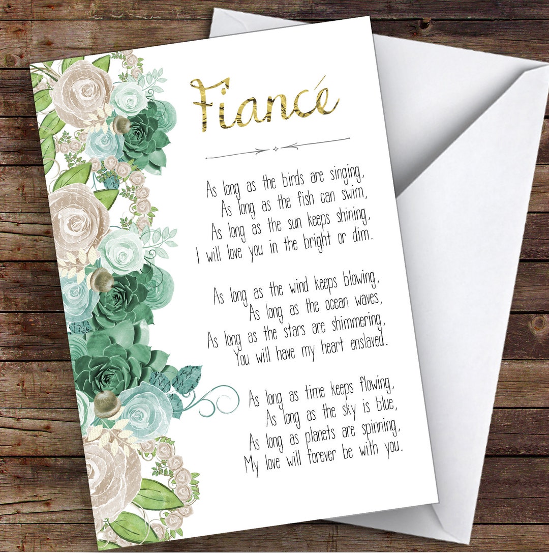 Fiancé Green Floral Romantic Poem Personalised Valentine's Day Card ...