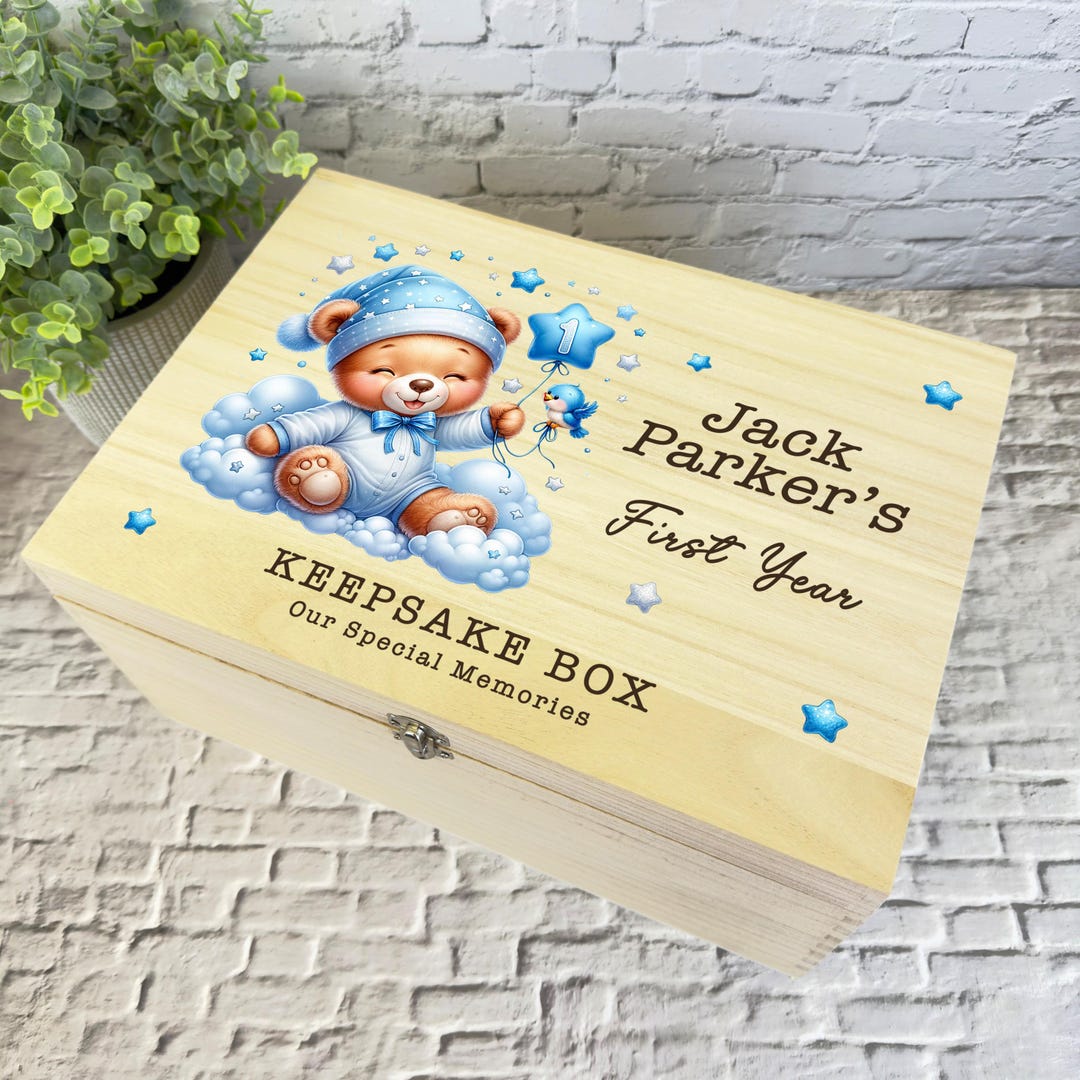 Happy Blue Teddy Bear Boys Stars First Year Personalised Wooden ...