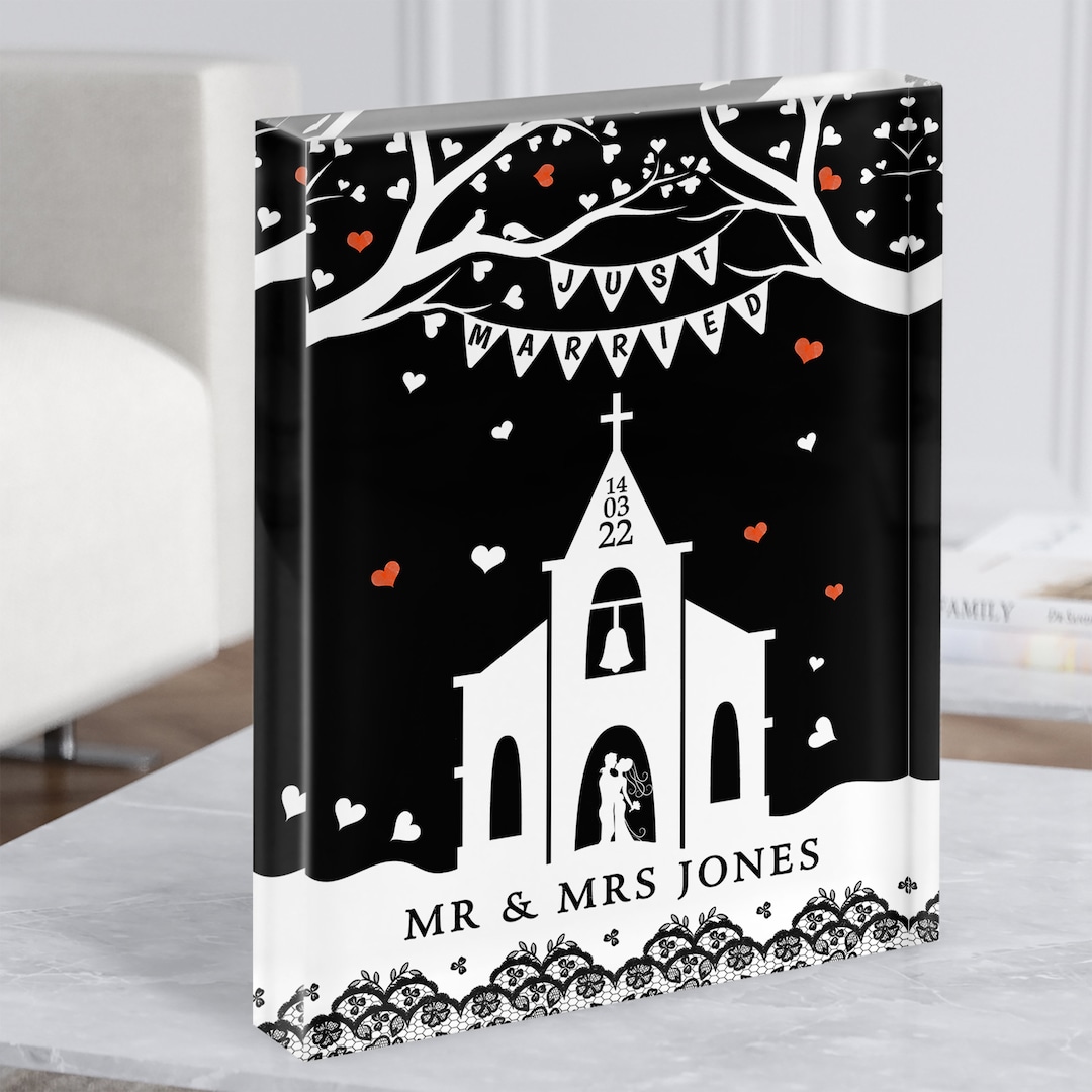 Just Married Name Date Church Chalk Effect Red Heart Gift Acrylic Block ...