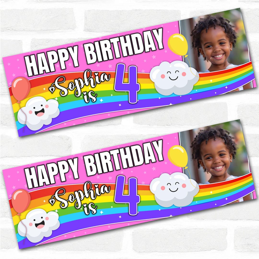 Personalised Party Banner for Kids Birthday Rainbow Happy Clouds Photo ...