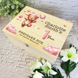 Happy Pink Teddy Bear First Year Memories Personalised Wooden Keepsake Box - Memory Storage Box ...