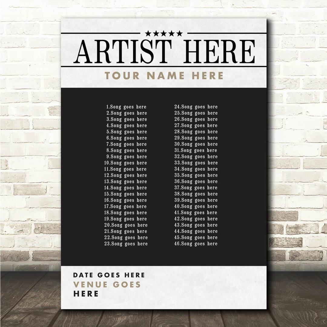 Concert Setlist Poster Print Canvas Black Grey - Any Artist Date Gig ...