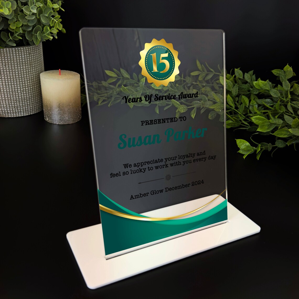 15 Years Service 15th Anniversary Gold Green Gift Employee Personalised ...